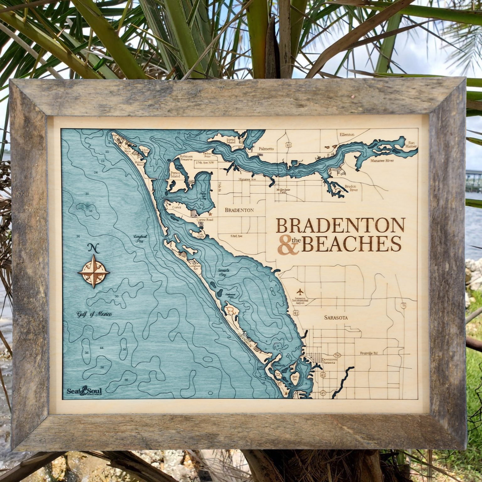 Bradenton Beaches Wall Art - Two-Level Wood Map - Sea and Soul Charts