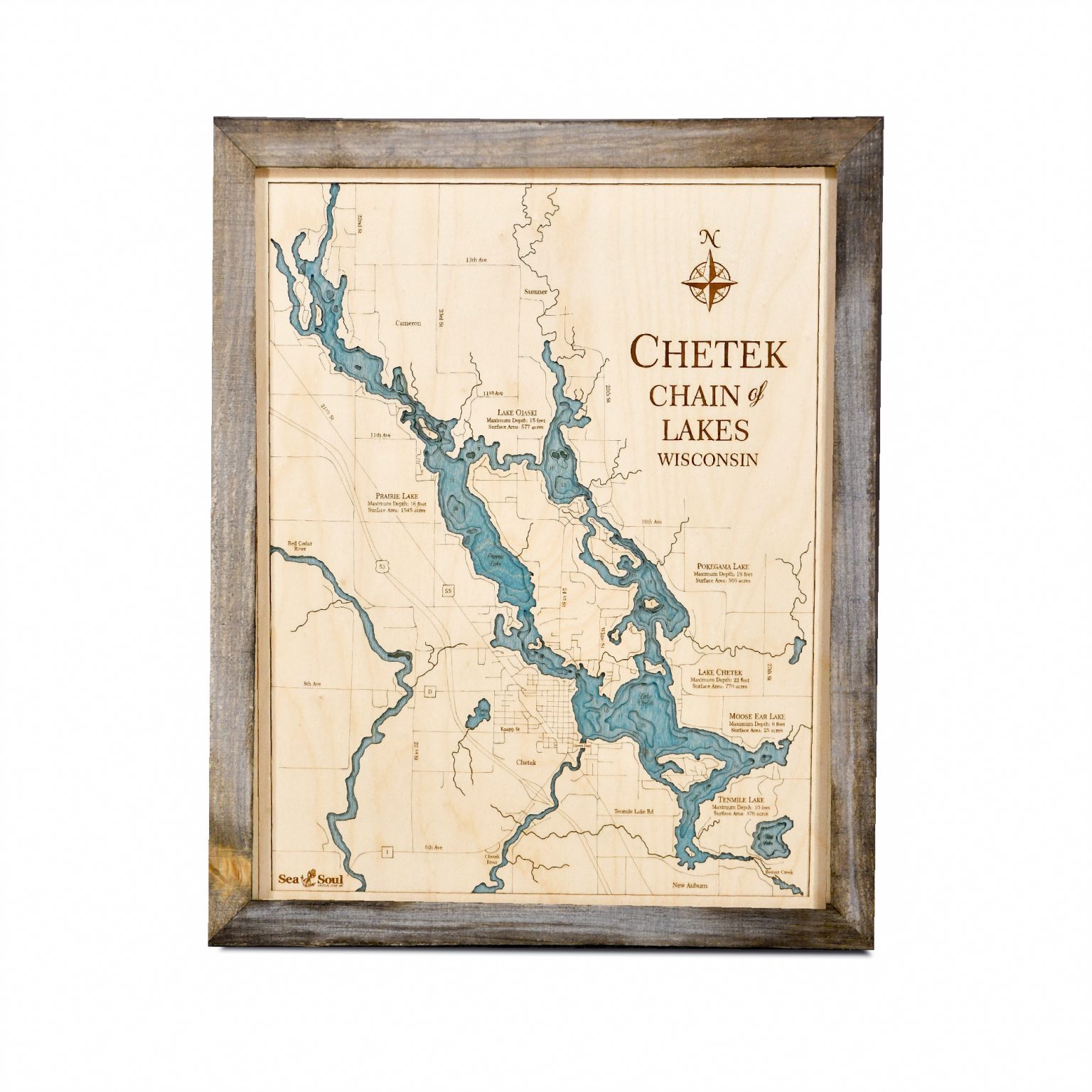 Chetek Chain of Lakes 4 Level Nautical Chart Wall Art - 16”x 20” - Sea ...