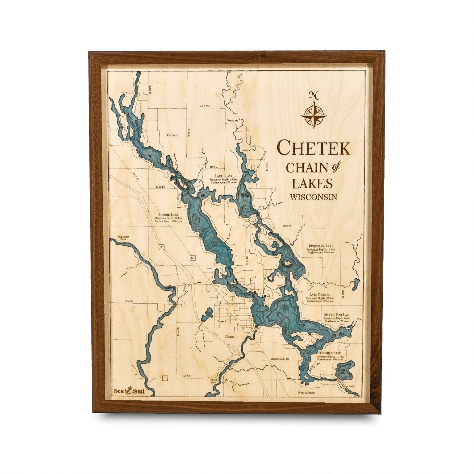 Chetek Chain of Lakes 4 Level Nautical Chart Wall Art - 16”x 20” - Sea ...
