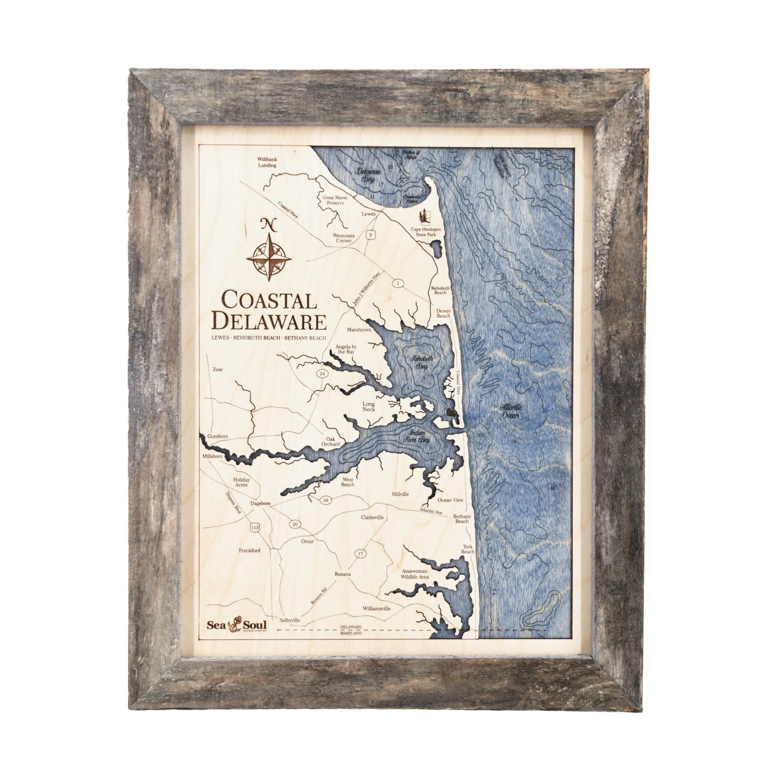 Coastal Delaware Wall Art - Two-Level Wood Map - Sea and Soul Charts