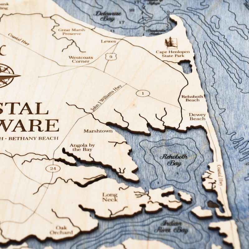 Coastal Delaware Wall Art - Two-Level Wood Map - Sea and Soul Charts