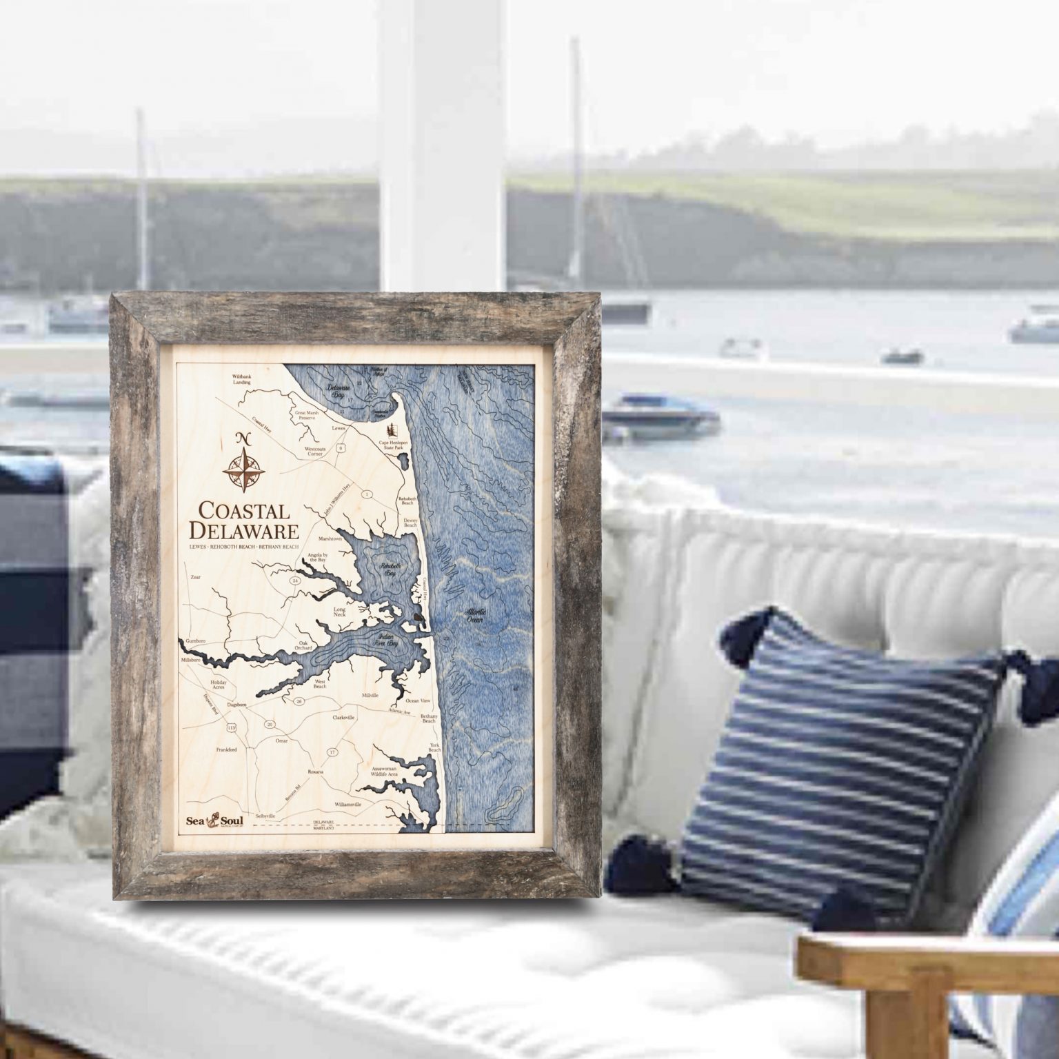 Coastal Delaware Wall Art - Two-Level Wood Map - Sea and Soul Charts