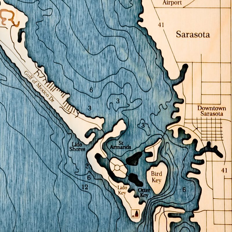 Sarasota Bay Wall Art - Two-Level 3D Wood Map - Sea and Soul Charts