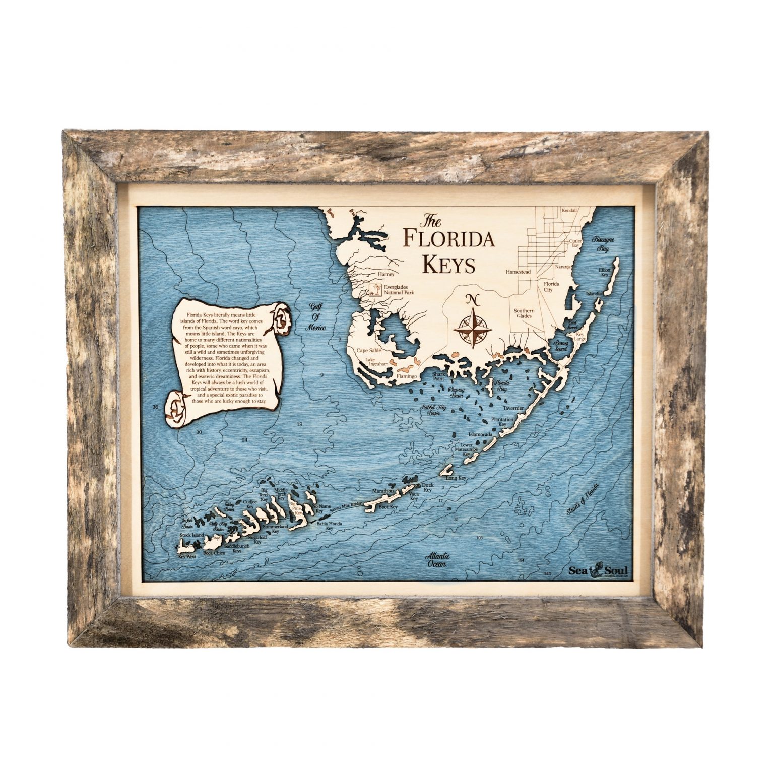 Florida Keys Wall Art - Two-Level 3D Wood Map - Sea and Soul Charts