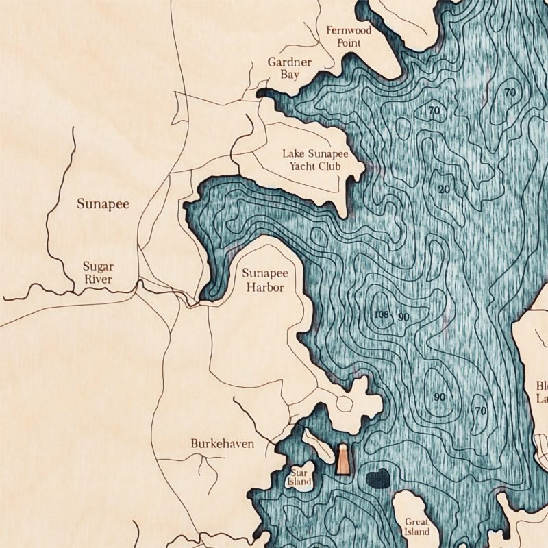 Lake Sunapee Wall Art - Two-Level 3D Wood Map - Sea and Soul Charts