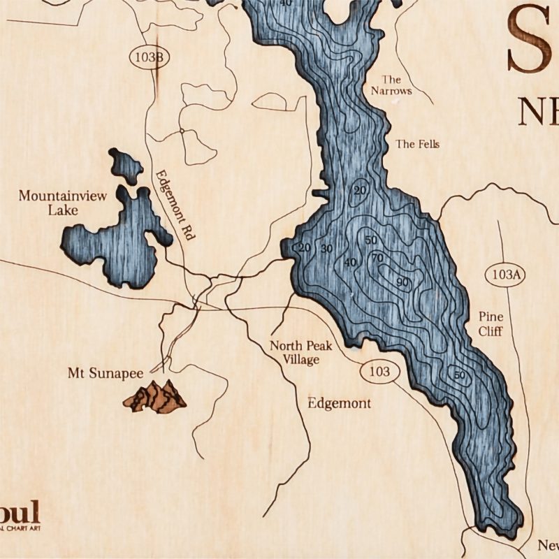 Lake Sunapee Wall Art - Two-Level 3D Wood Map - Sea and Soul Charts