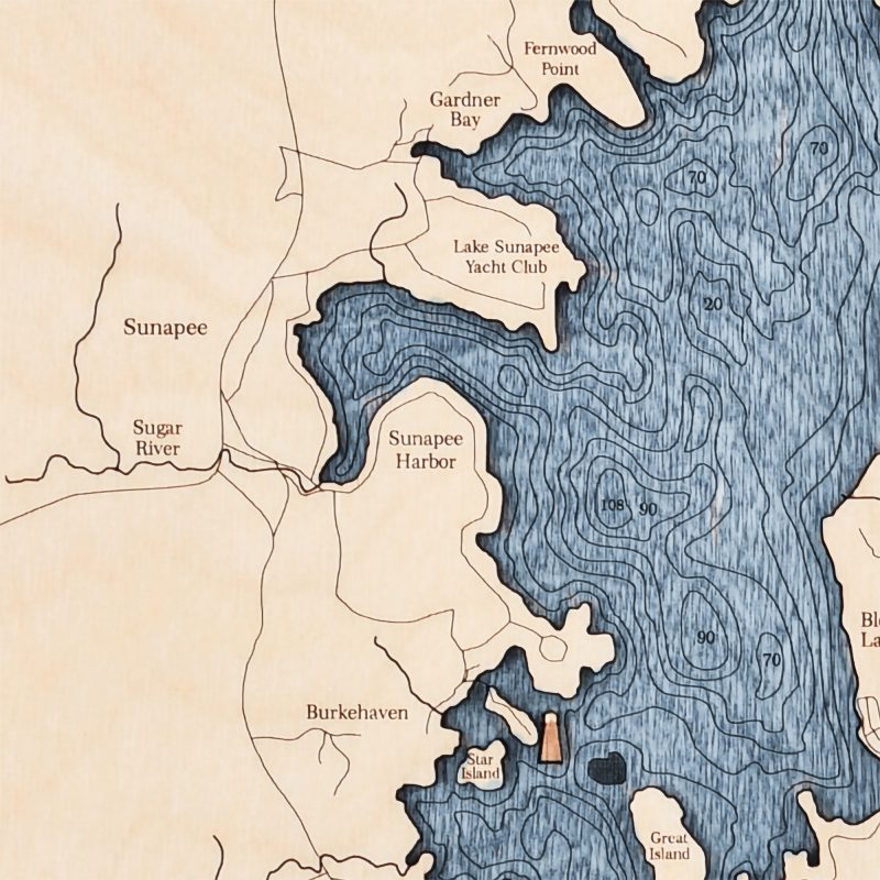 Lake Sunapee Wall Art - Two-Level 3D Wood Map - Sea and Soul Charts