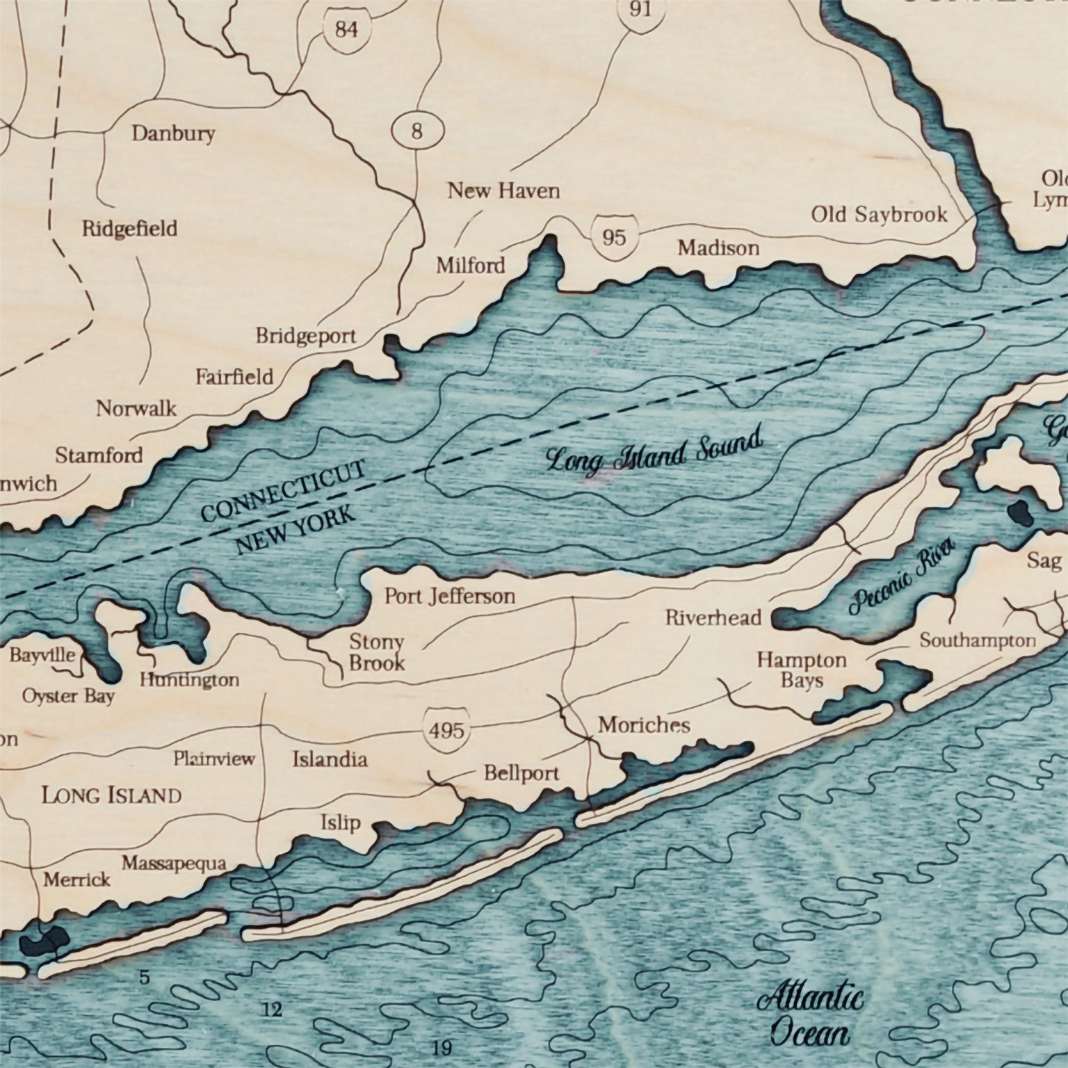 Long Island Sound Wall Art - Two-Level Wood Map - Sea and Soul Charts