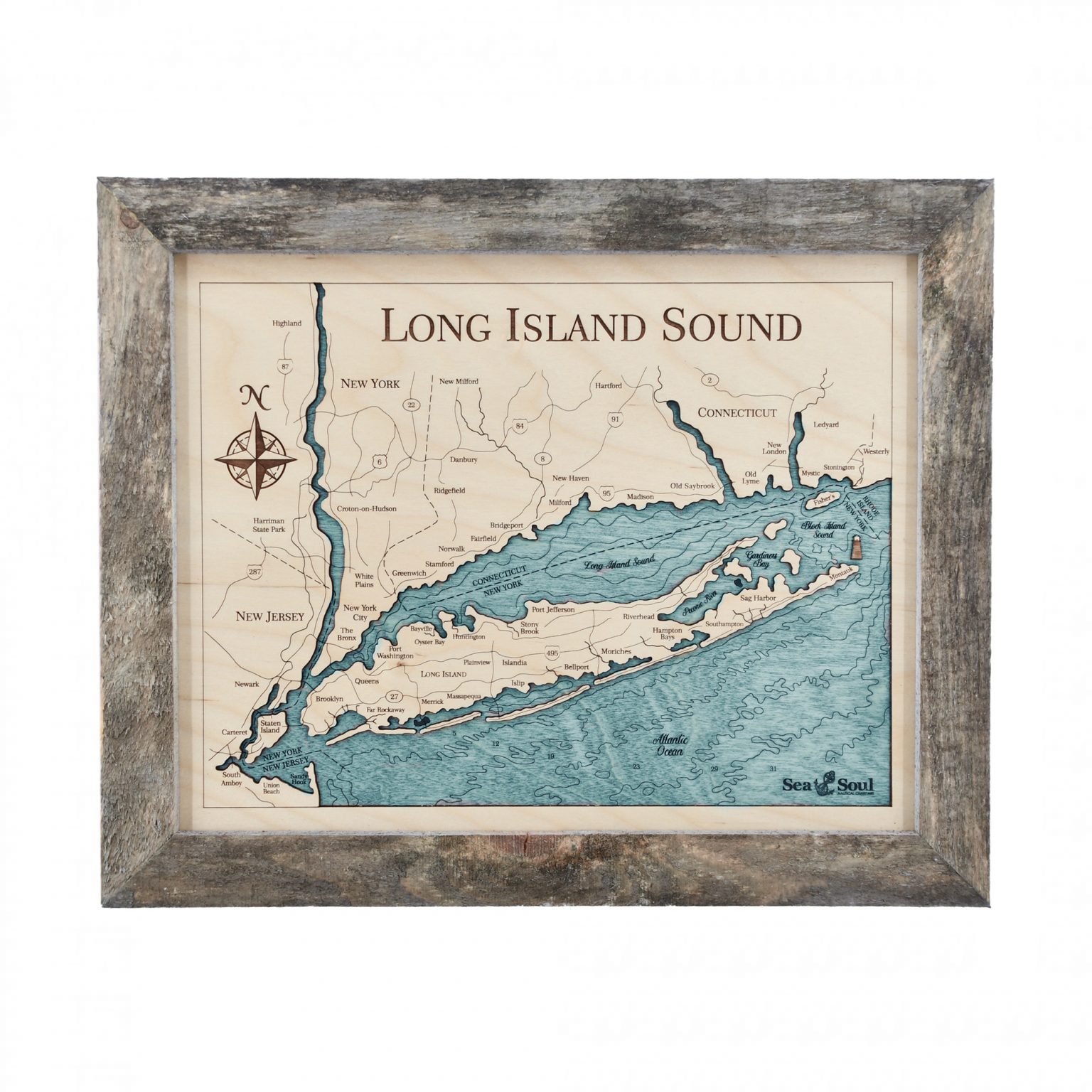 Long Island Sound Wall Art - Two-Level Wood Map - Sea and Soul Charts