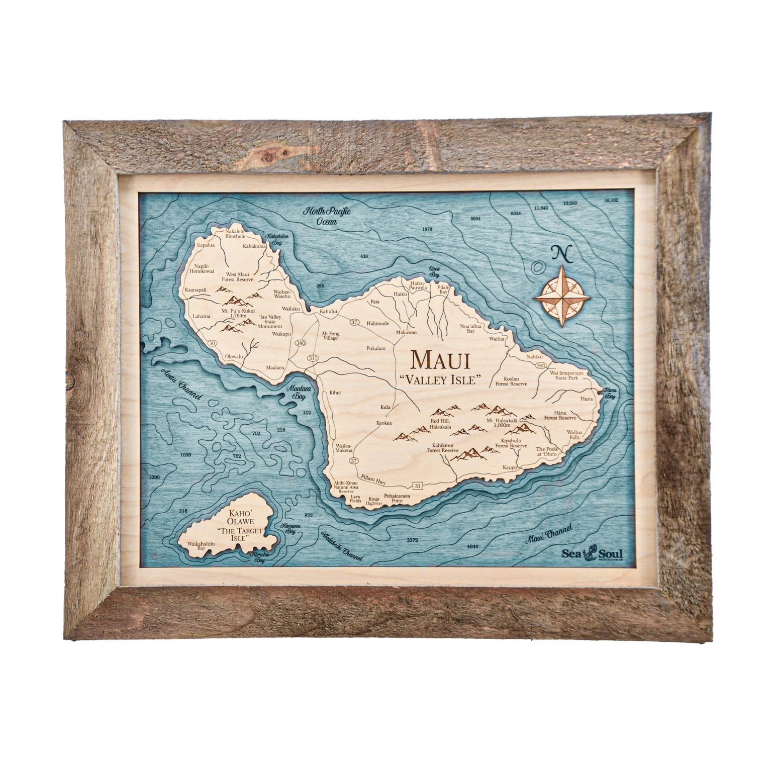 Maui Hawaii Wall Art - Two-Level 3D Wood Map - Sea and Soul Charts