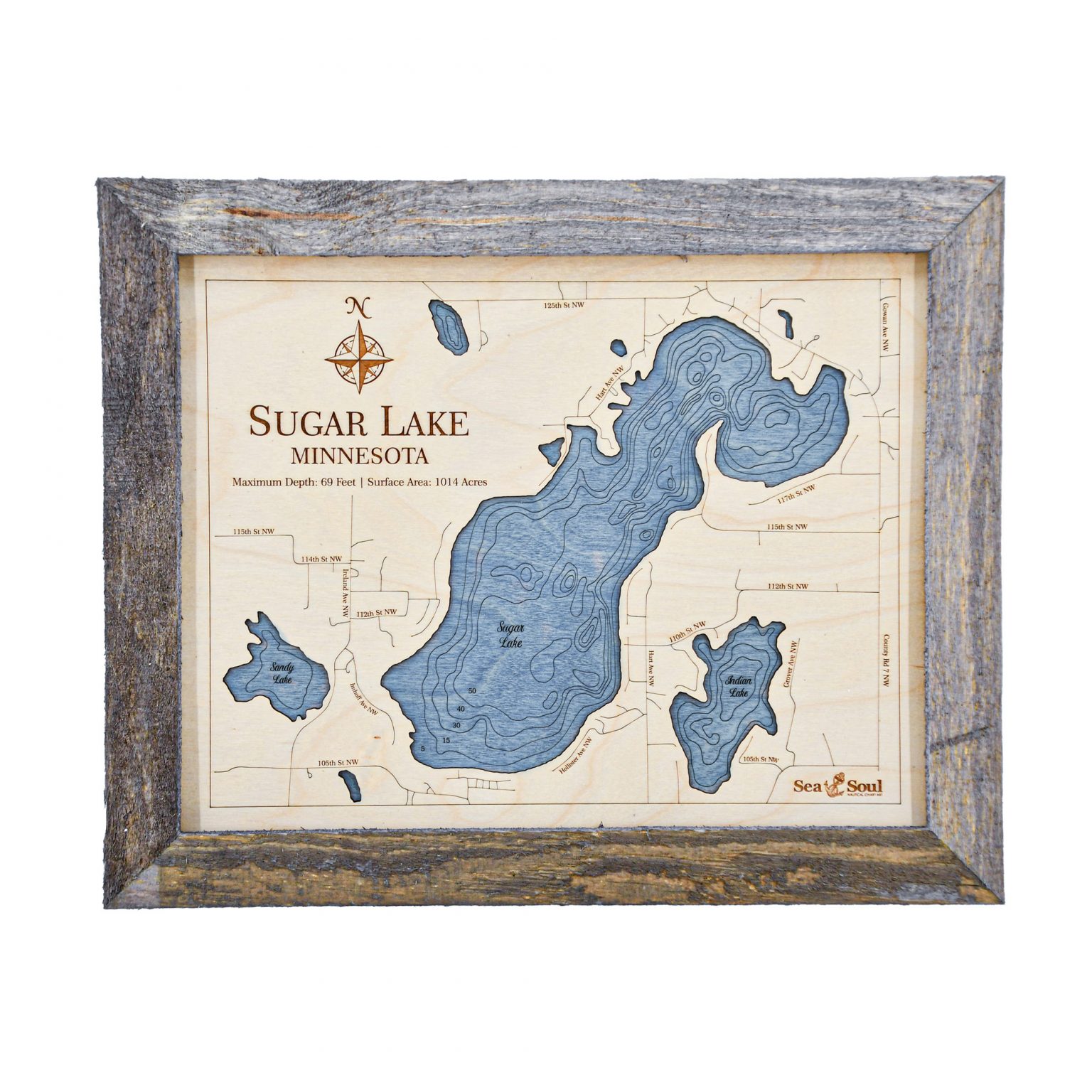 Sugar Lake Wall Art - Two-Level 3D Wood Map - Sea and Soul Charts