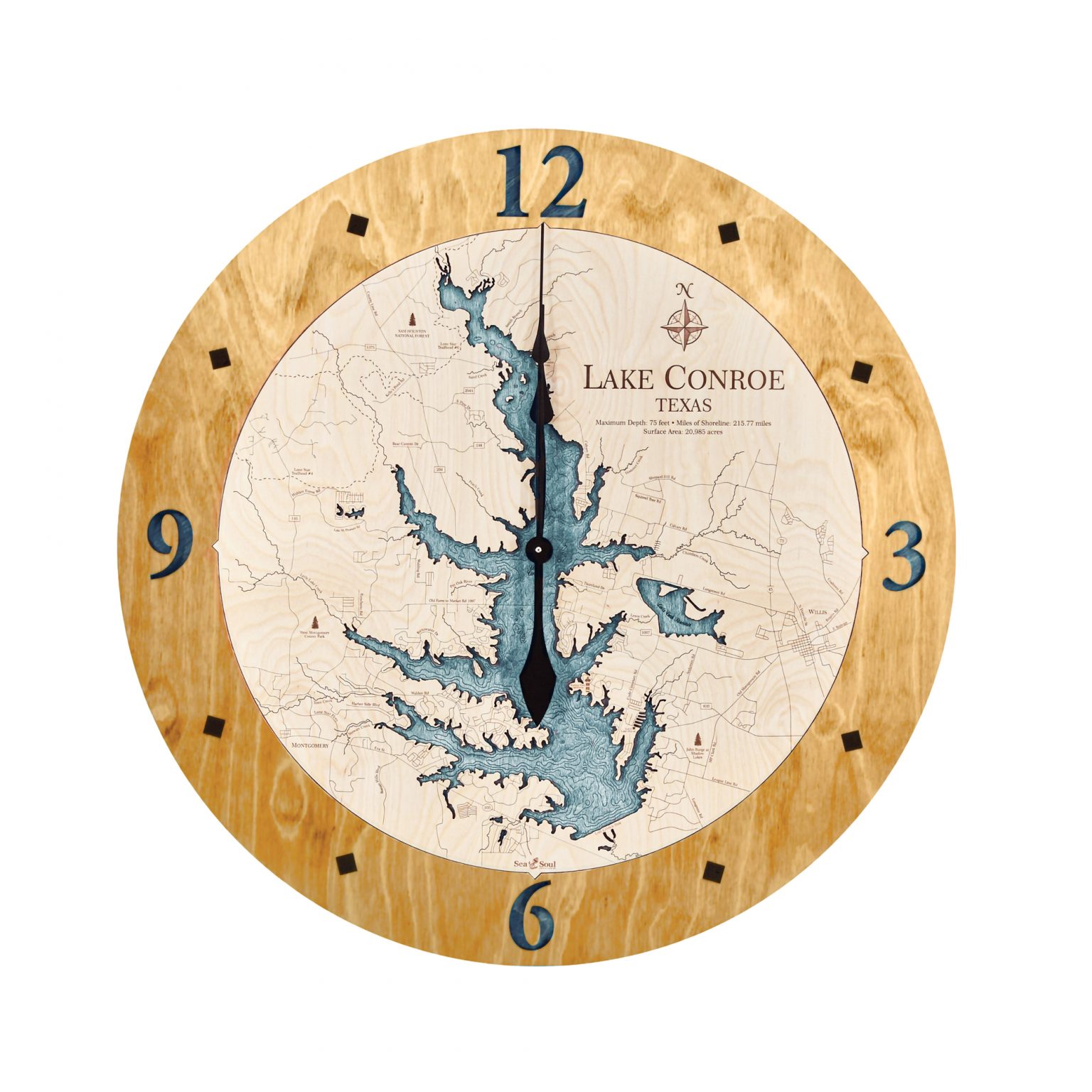 Lake Conroe Nautical Map Clock 16" - Sea and Soul Charts