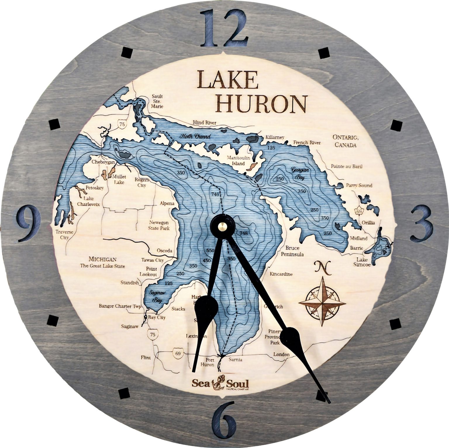 16" Lake Huron Nautical Map Clock - Sea and Soul Charts