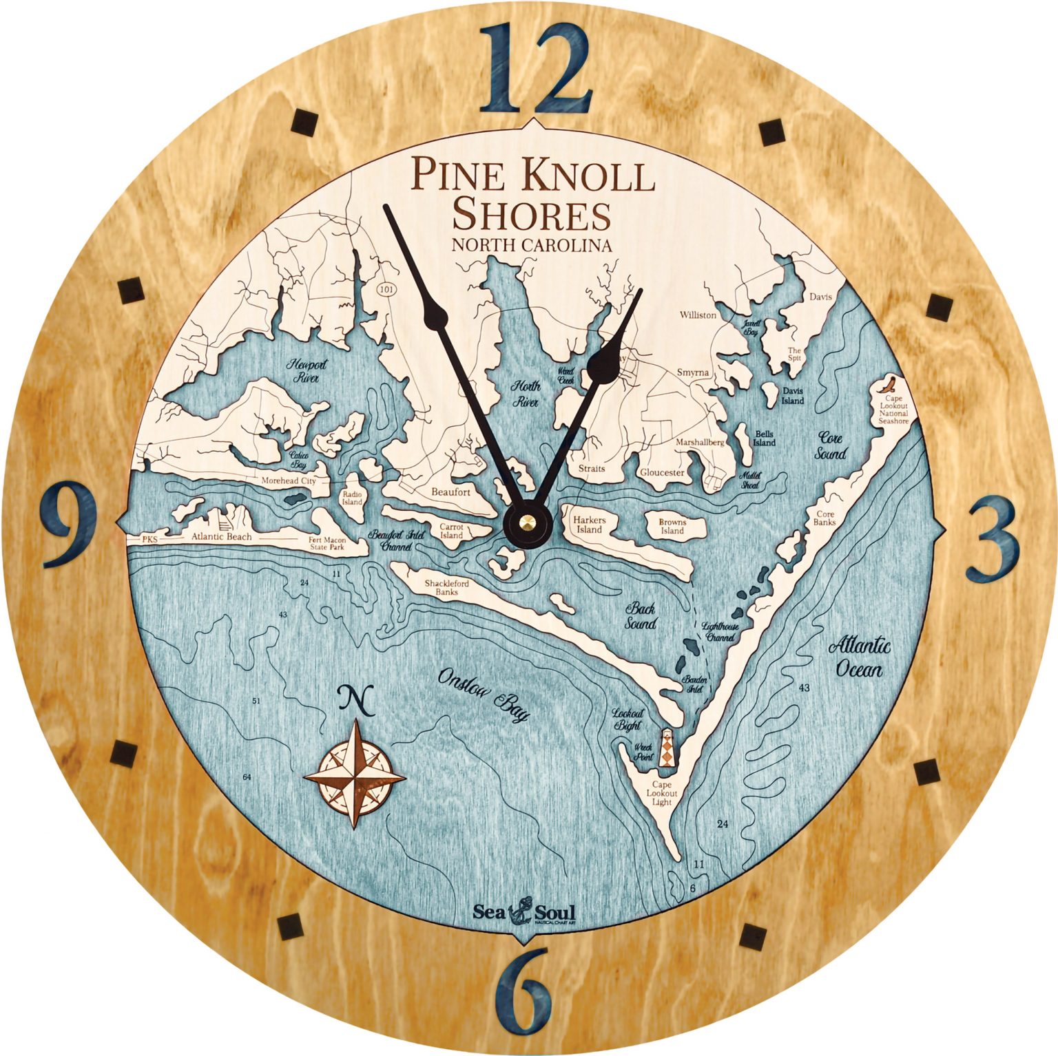 16" Pine Knoll Shores Nautical Map Clock - Sea and Soul Charts