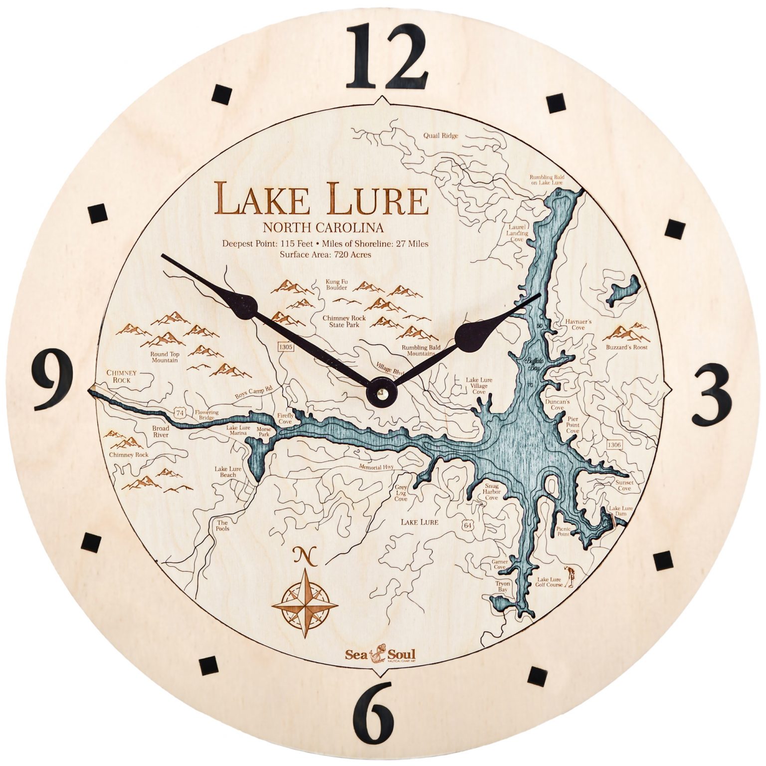 12" Lake Lure Nautical Map Clock - Sea and Soul Charts
