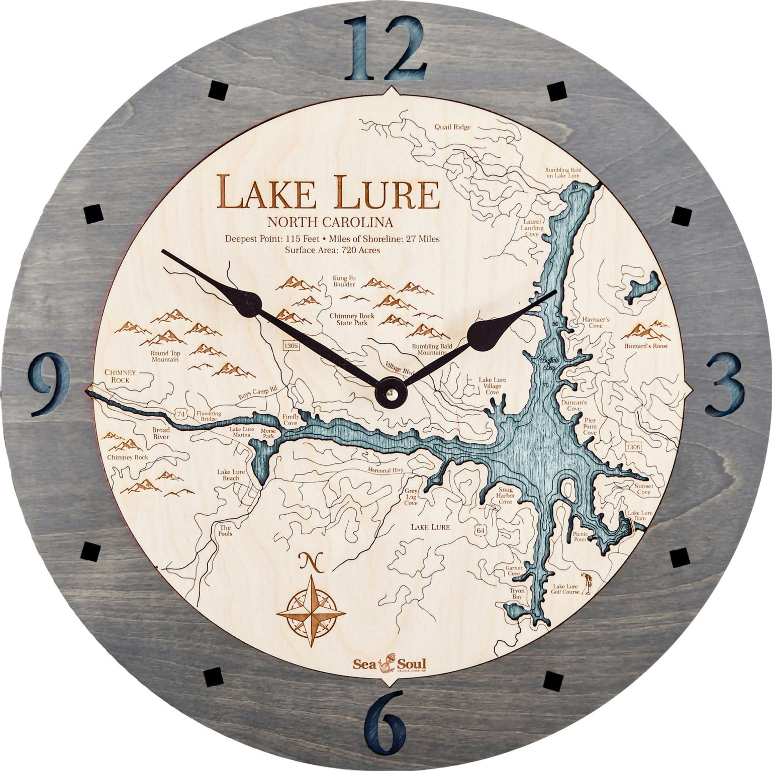 36" Lake Lure Nautical Map Clock - Sea and Soul Charts