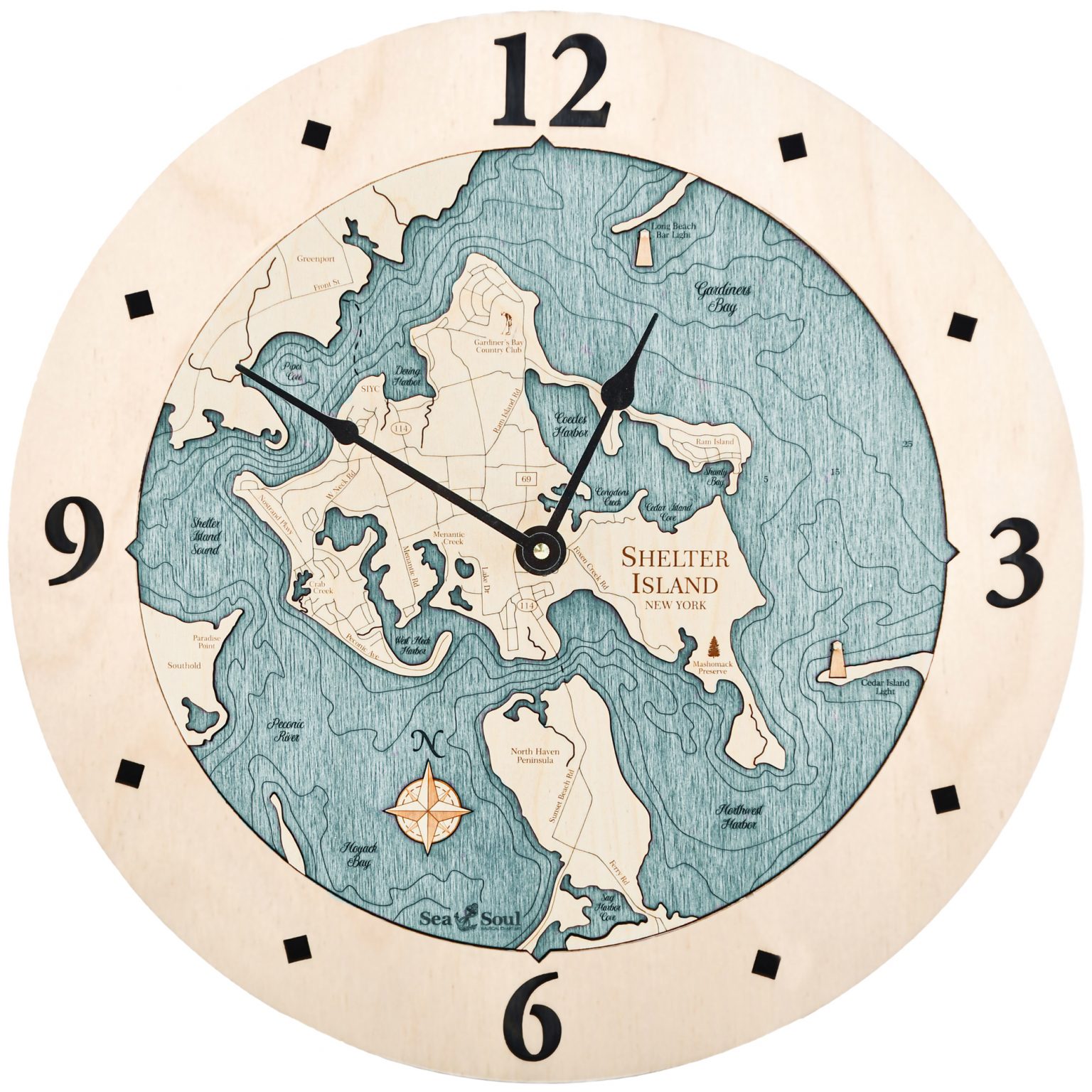 16" Shelter Island Nautical Map Clock - Sea and Soul Charts