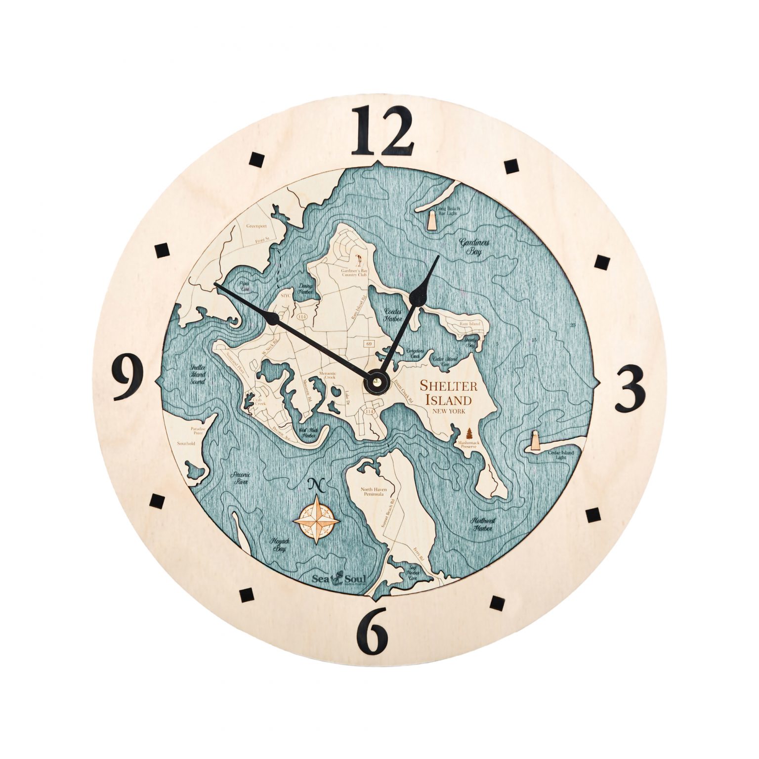 36" Shelter Island Nautical Map Clock - Sea and Soul Charts