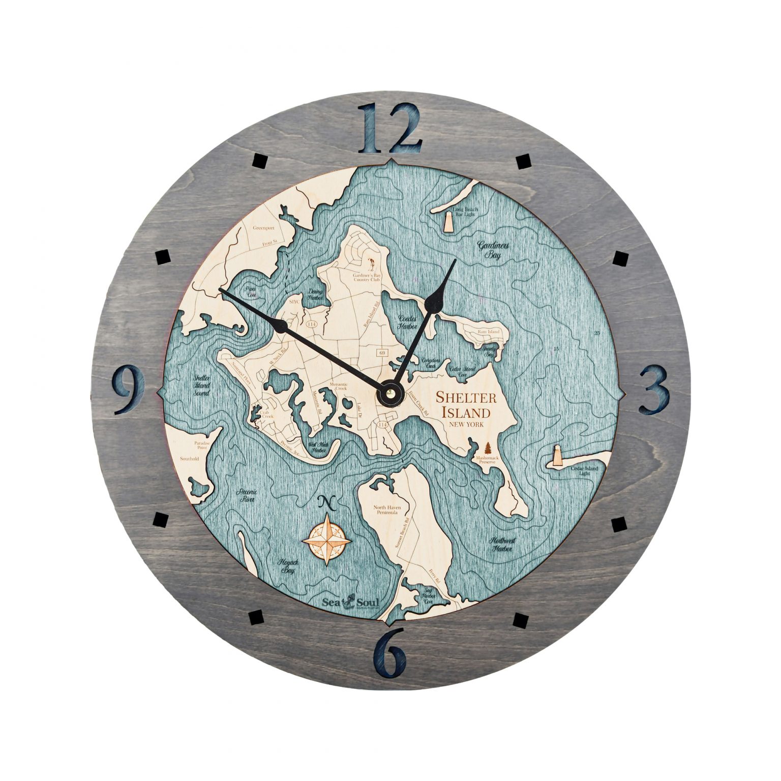 36" Shelter Island Nautical Map Clock - Sea and Soul Charts