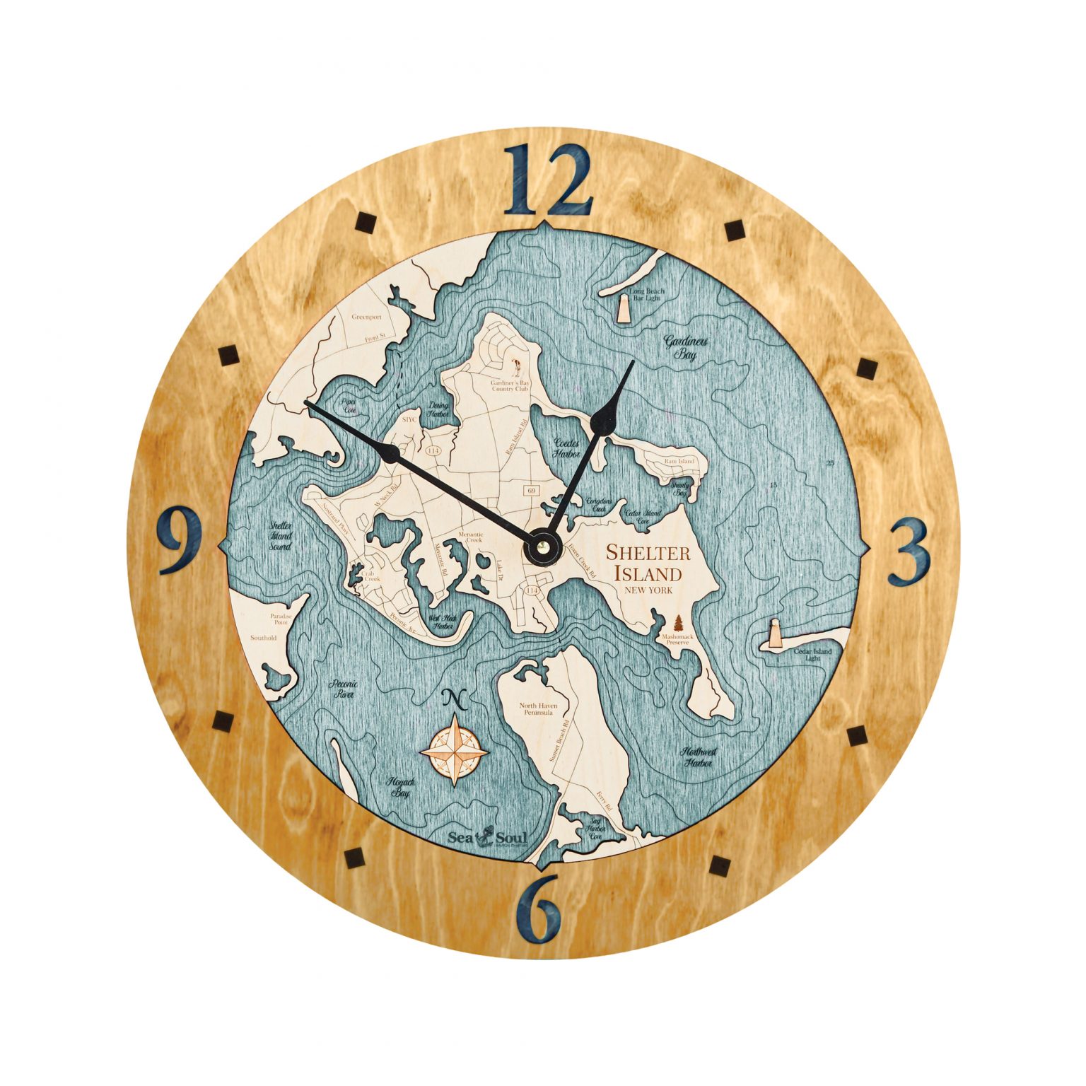 36" Shelter Island Nautical Map Clock - Sea and Soul Charts