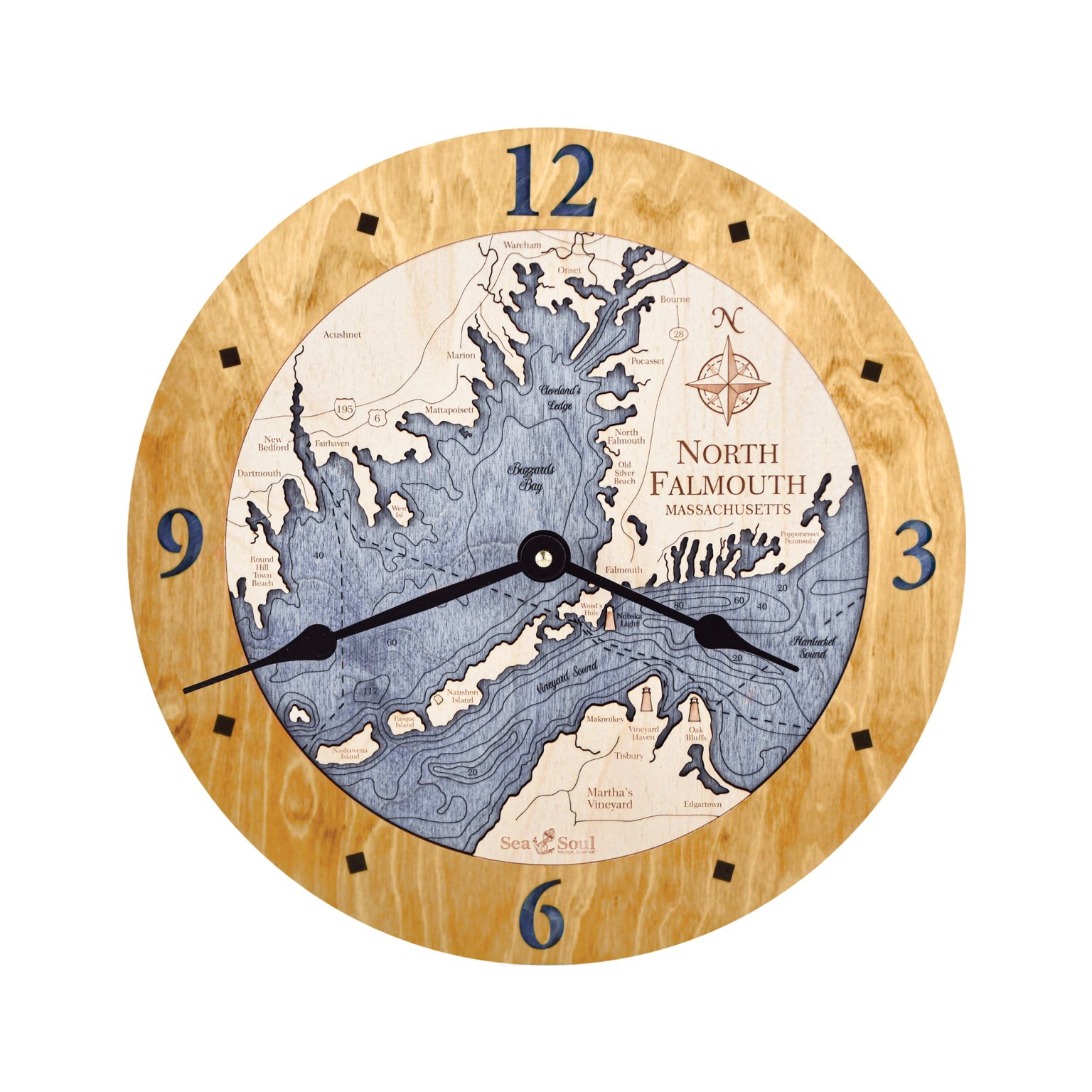 36" North Falmouth Nautical Map Clock - Sea and Soul Charts