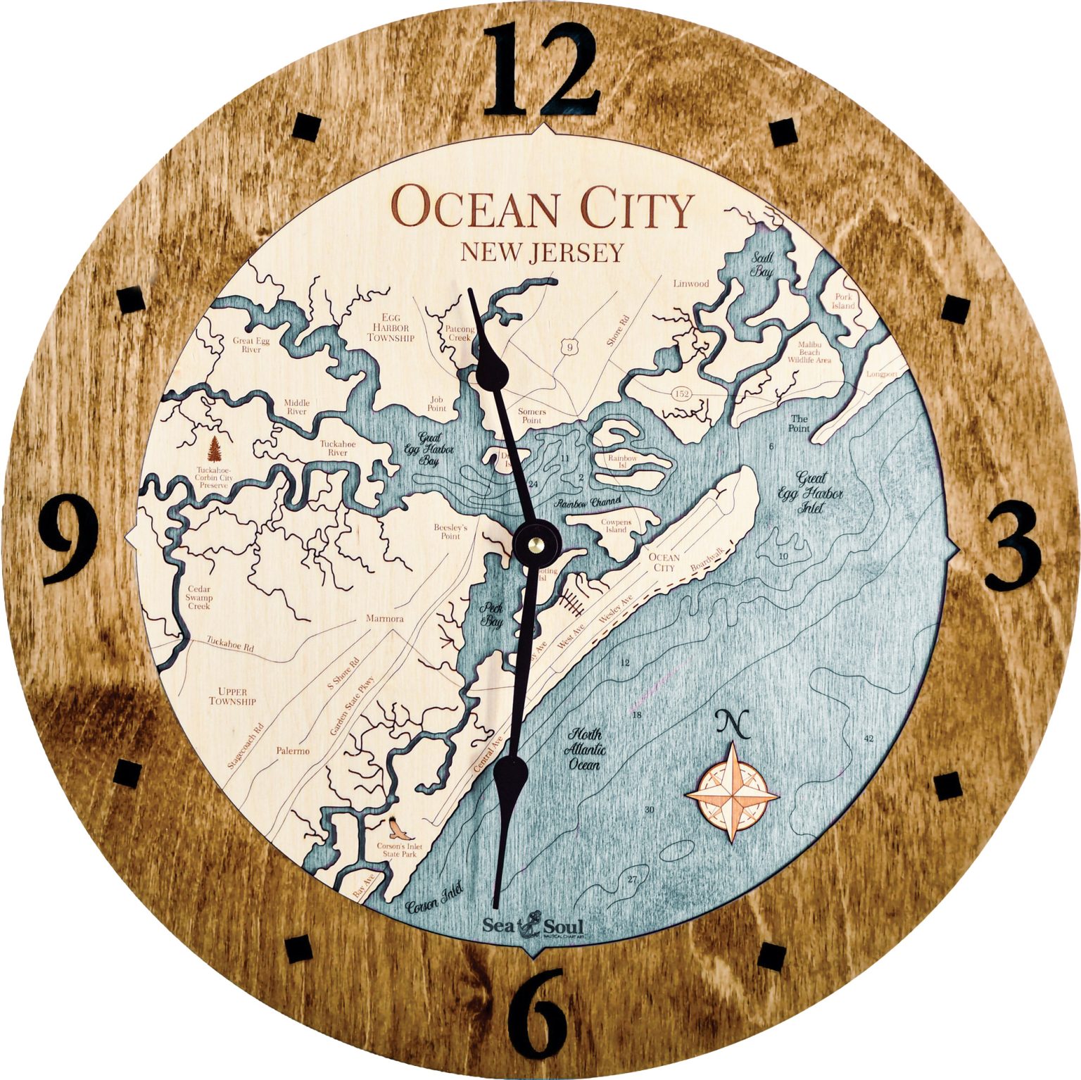 16" Ocean City New Jersey Nautical Map Clock - Sea and Soul Charts