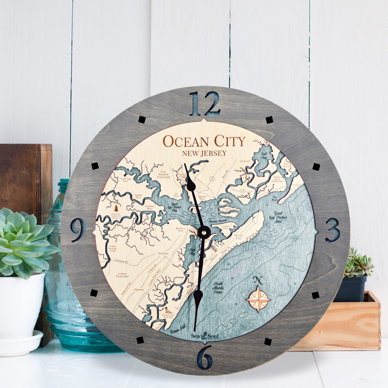 16" Ocean City New Jersey Nautical Map Clock - Sea and Soul Charts