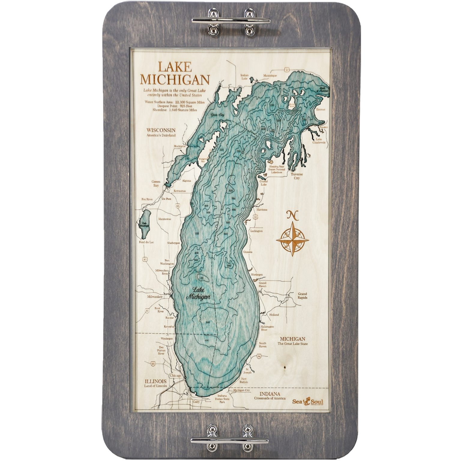 Lake Michigan Nautical Map Boat Cleat Serving Tray - Sea and Soul Charts