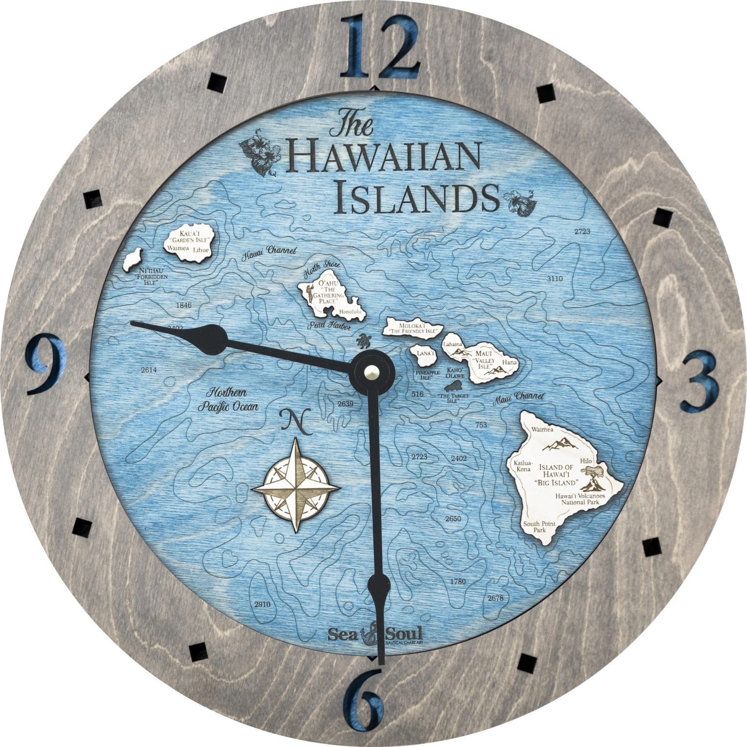 24" Hawaiian Islands Nautical Map Clock - Sea and Soul Charts