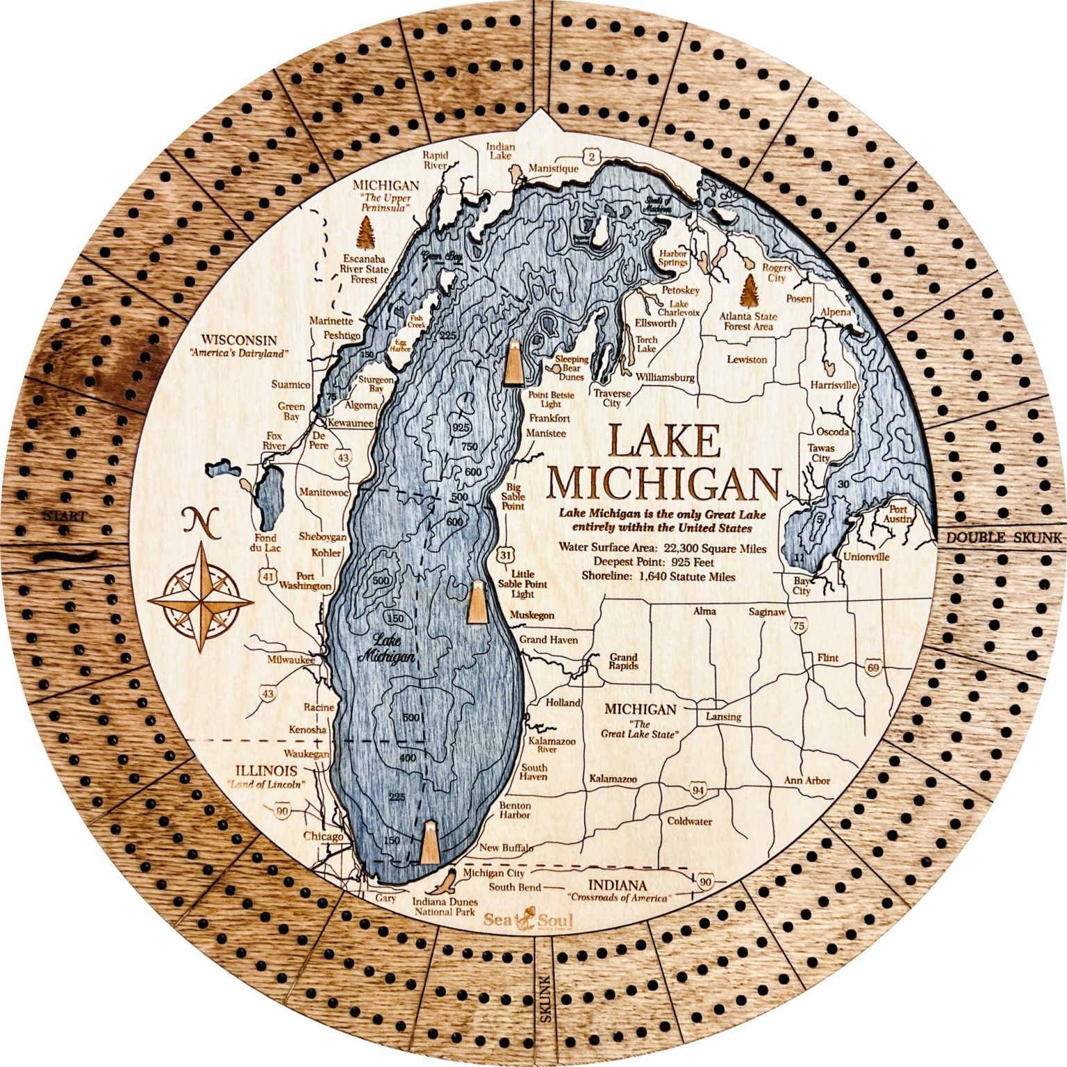 Lake Michigan Custom Cribbage Board - Sea and Soul Charts